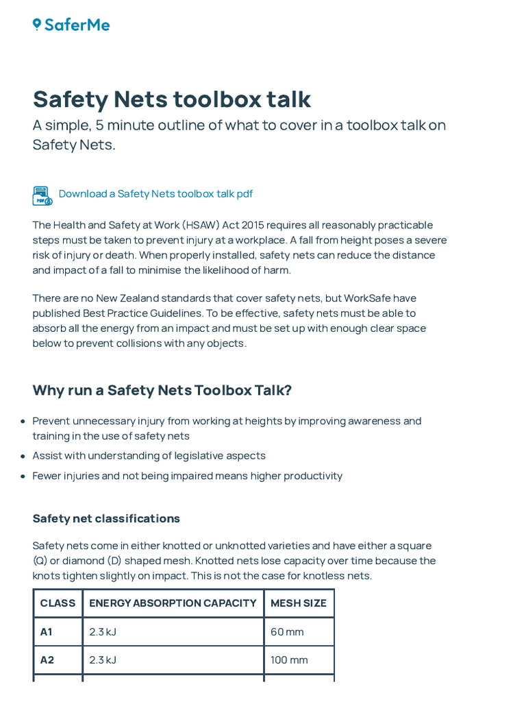 Safety Nets Toolbox Talk | PDF | Occupational Safety And Health | Safety