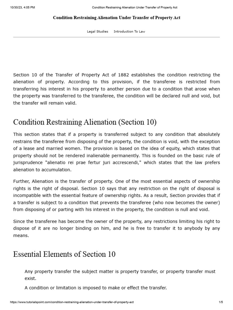 Condition Restraining Alienation Under Transfer of Property Act | PDF ...