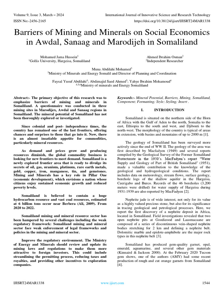 Barriers of Mining and Minerals On Social Economics in Awdal, Sanaag and Marodijeh in Somaliland ...