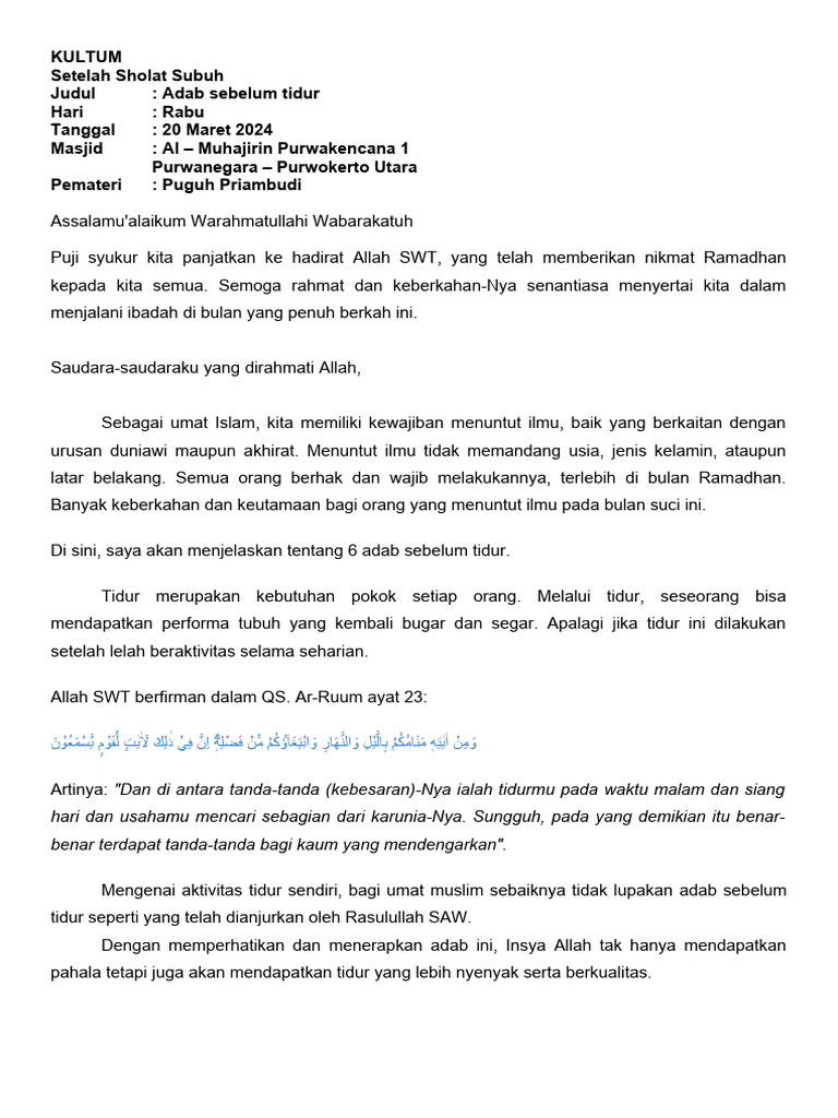 Puguh Kultum 20 Maret 2024 | PDF | Pengembangan Diri | Kesehatan Holistik