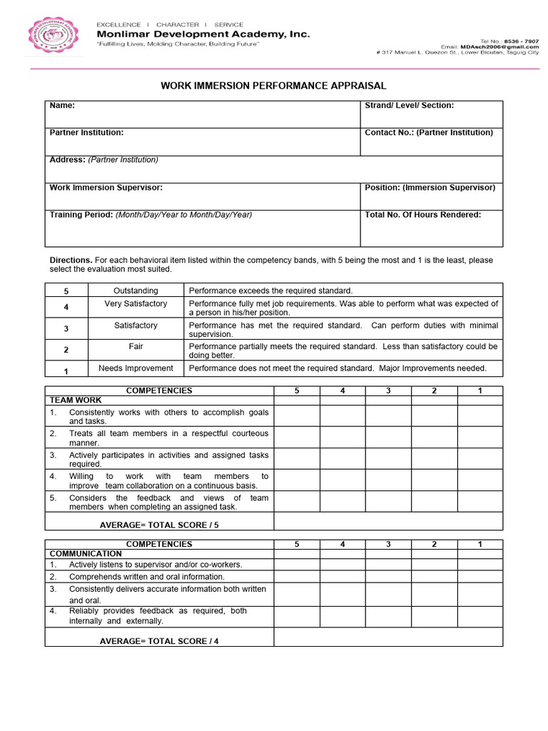 Work Immersion Performance Evaluation Form | PDF | Performance Appraisal | Psychology