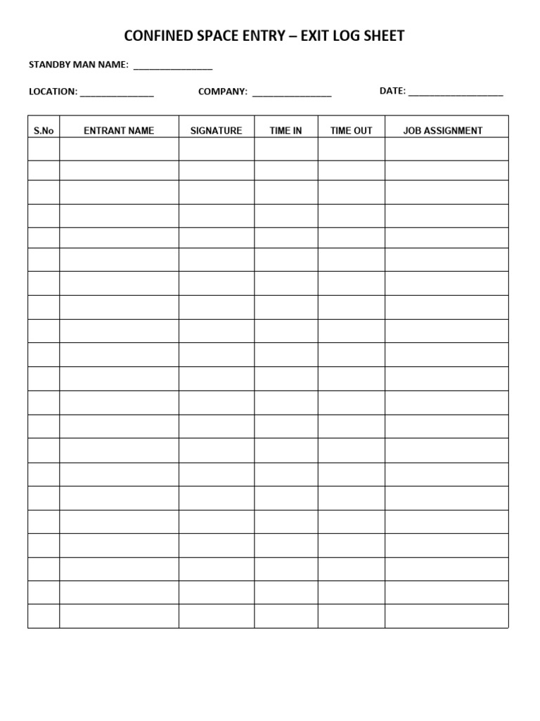 Confined Space Entry Log Sheet | PDF