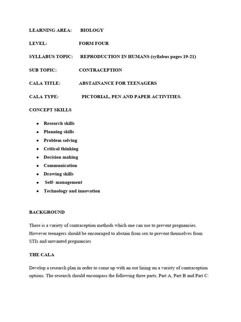 BIO CALA 3 O'level | PDF | Birth Control | Adolescence