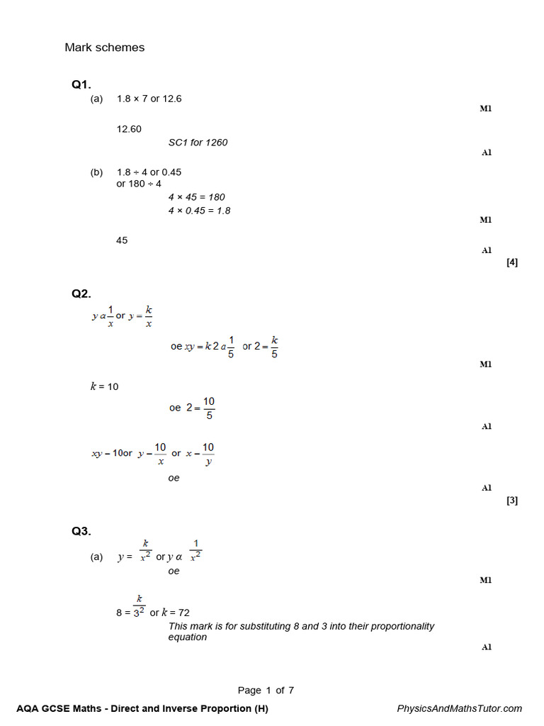 Direct and Inverse Proportion (H) MS | PDF | Mathematics