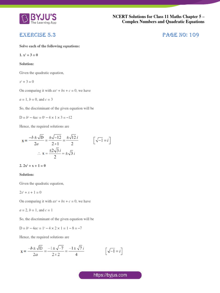 NCERT Solutions For Class 11 Maths Chapter 5 Complex Numbers and Quadratic Equations Exercise 5. ...