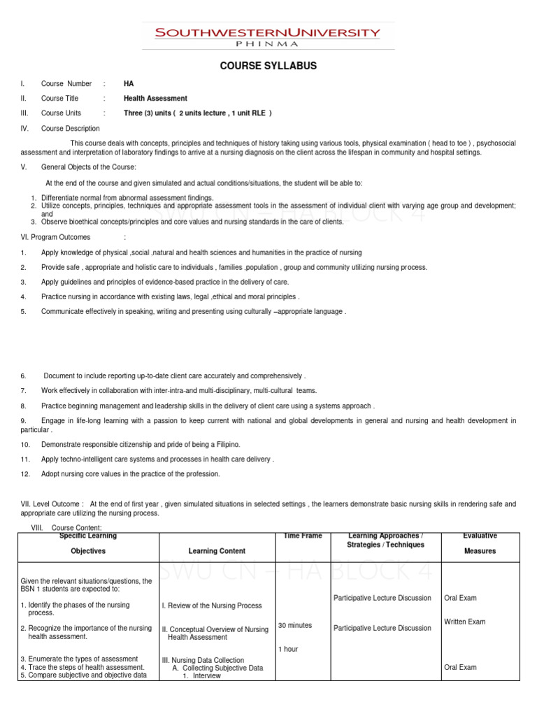 Course Syllabus Health Assessment Latest | PDF | Nursing | Learning