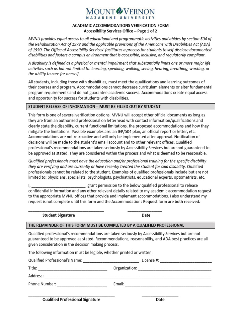 Academic Verification Form | PDF | Section 504 Of The Rehabilitation ...