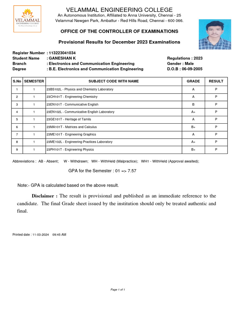 Velammal Engineering College: Office of The Controller of Examinations ...