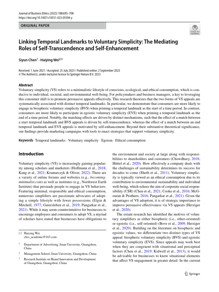 Linking Temporal Landmarks To Voluntary Simplicity: The Mediating Roles of Self Transcendence ...