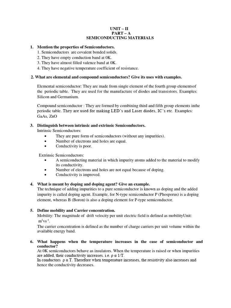 Unit II Semiconductor Physics Part A-1 | PDF | Semiconductors | Doping (Semiconductor)