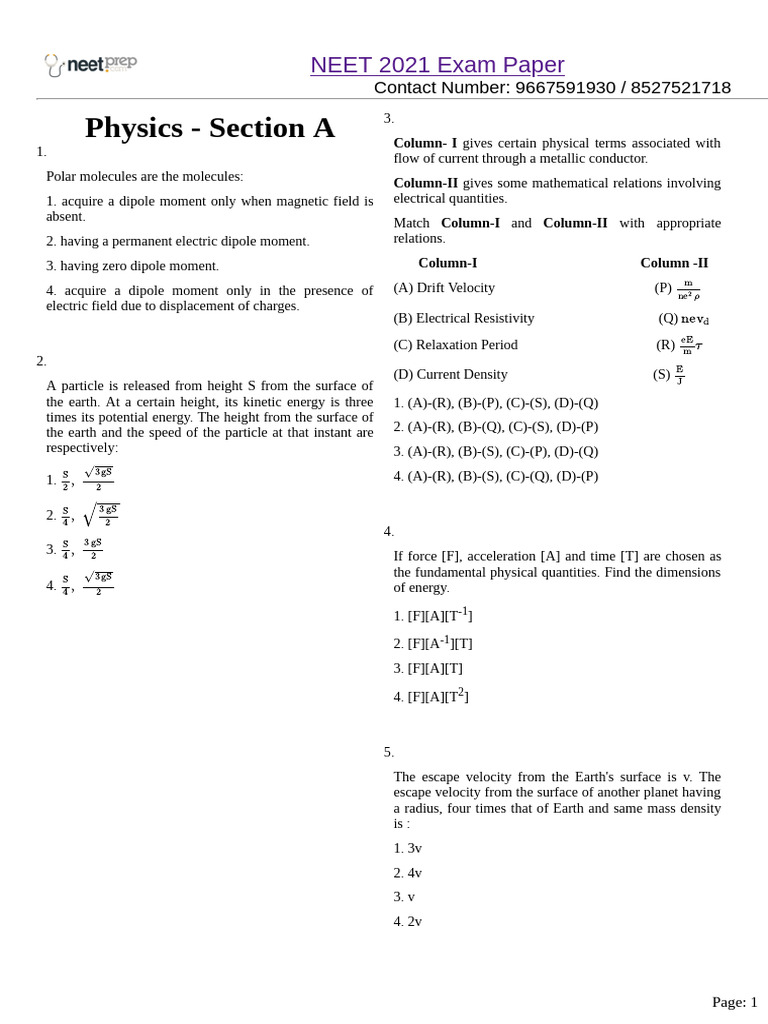Physics - Section A: NEET 2021 Exam Paper | Download Free PDF ...