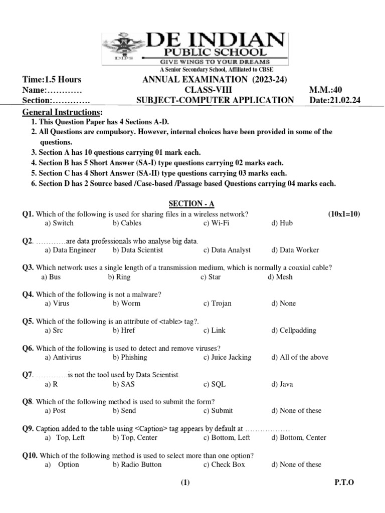 Class VIII Computer Application Exam | PDF | Computer Virus | Computer ...