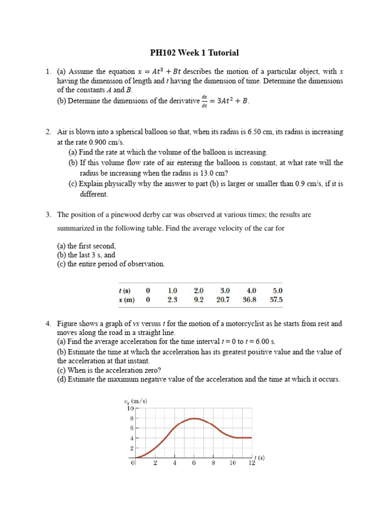 PH102 Week 1 Tutorial Questions | PDF | Acceleration | Velocity