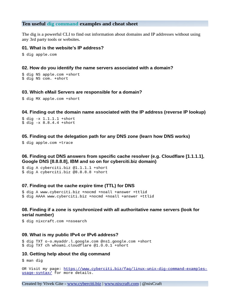 Dig Command Cheat Sheet | PDF