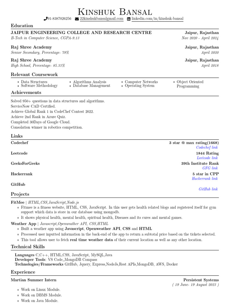Kinshuk - Bansal Resume | PDF | Java Script | Computer Science