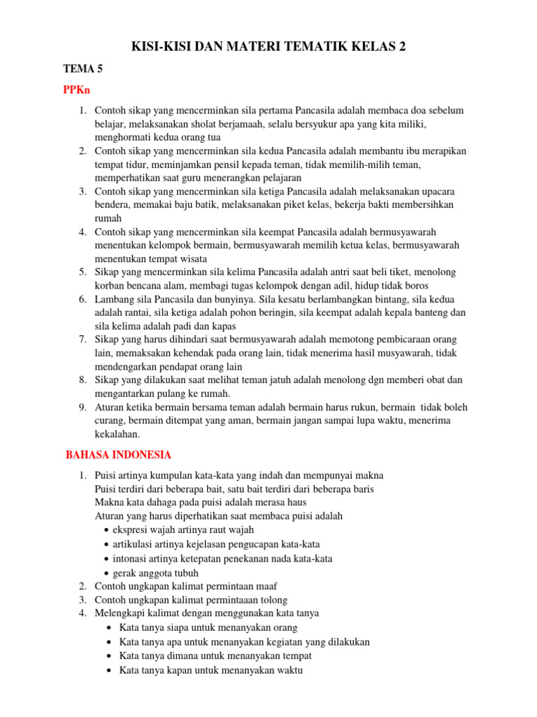 Kisi-Kisi Dan Materi Tema 5,6,7,8 Kelas 2 2022-2023 | PDF