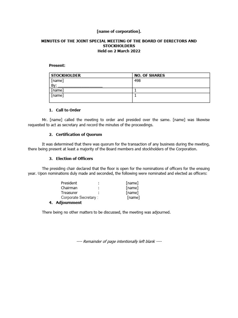 Sample Minutes of The Meeting - Corporate Election | PDF