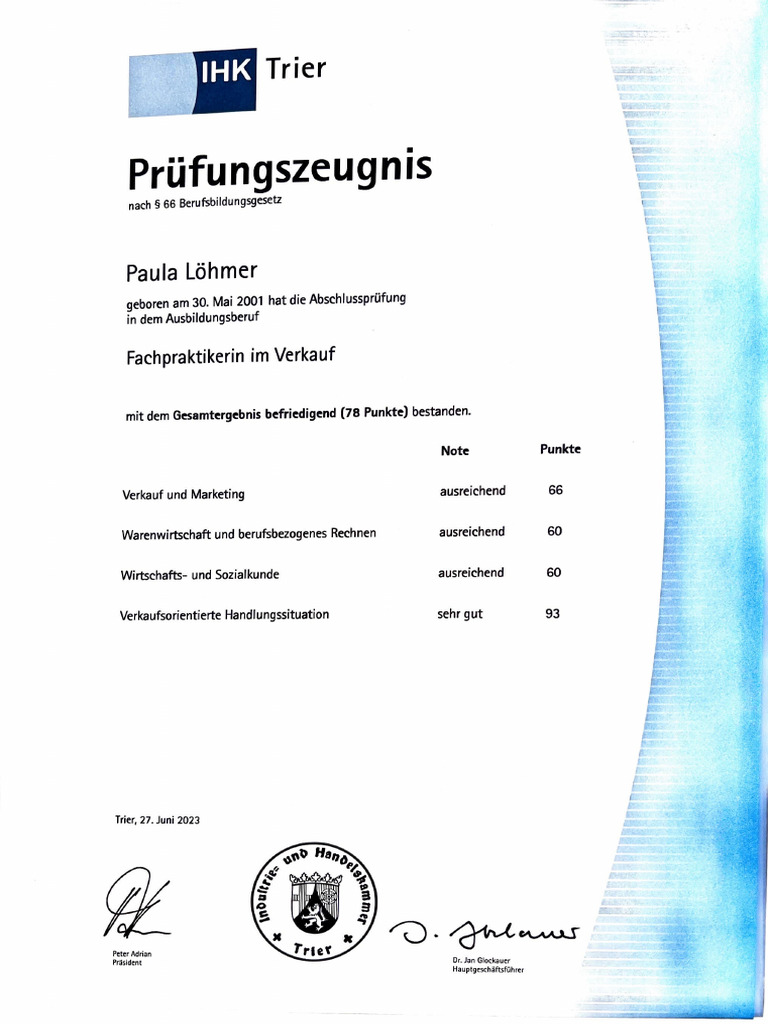 IHK Zeugnis PLoehmer | PDF