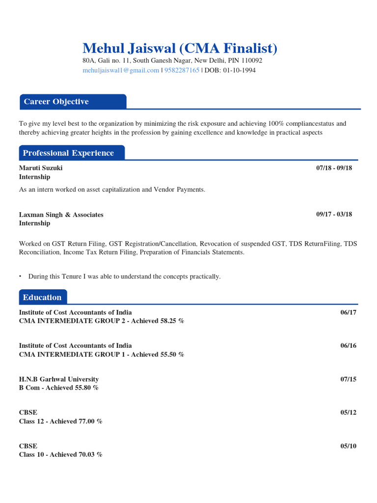 Mehul Jaiswal: CMA Finalist Resume | PDF