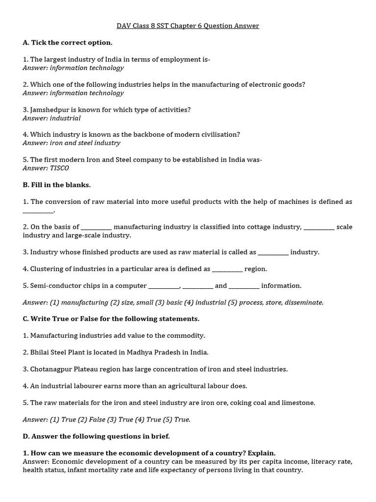 DAV Class 8 SST Chapter 6 Question Answer | PDF | Economies