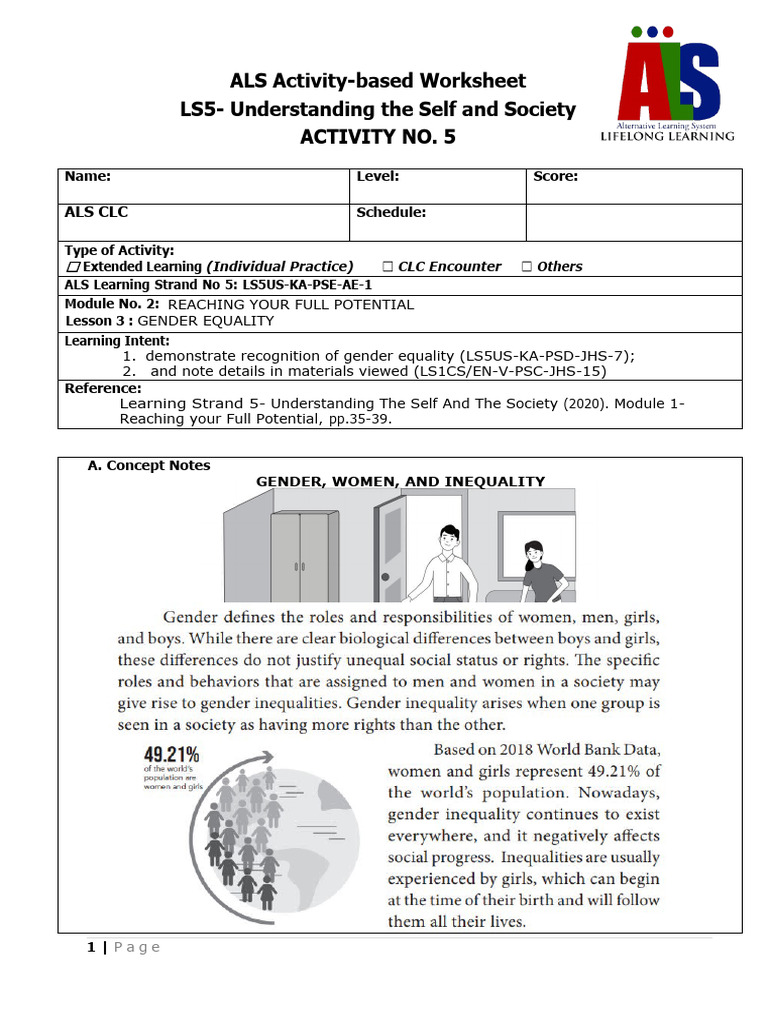 LS5-Activity-No.5 - GENDER, WOMEN & EQUALITY | PDF | Gender | Gender Studies