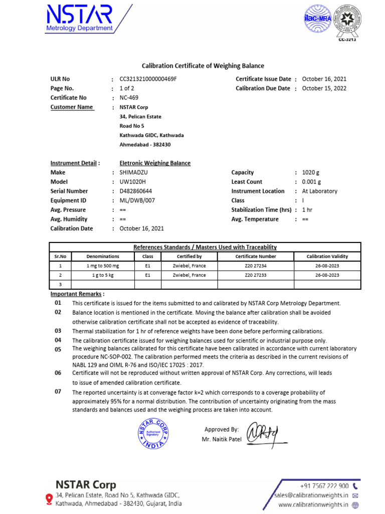 Balance Calibration Certificate | PDF | Calibration | Weight