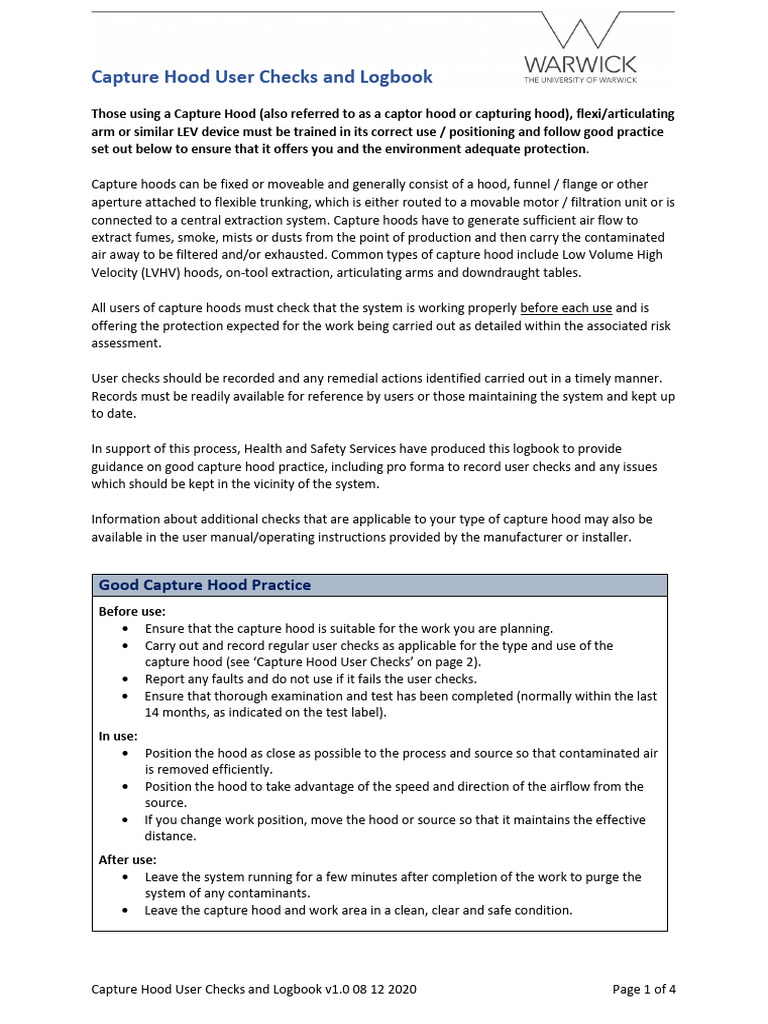 capture_hood_user_checks_and_logbook | PDF | Filtration | Safety