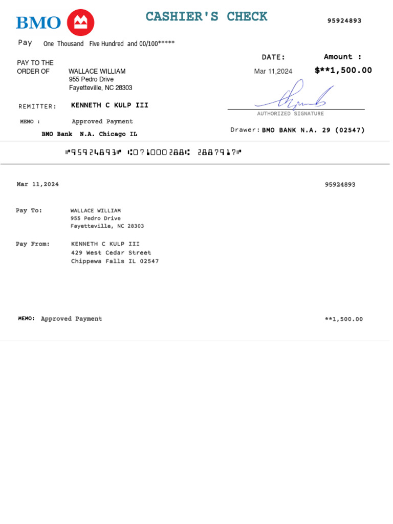Cashier's Check Payment Memo | PDF