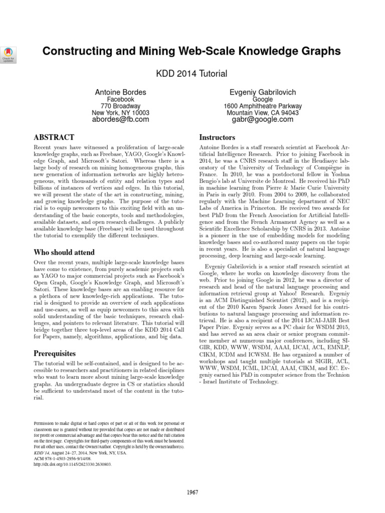 Constructing And Mining Web Scale Knowledge Graphs Kdd 2014 Tutorial Pdf Computing 