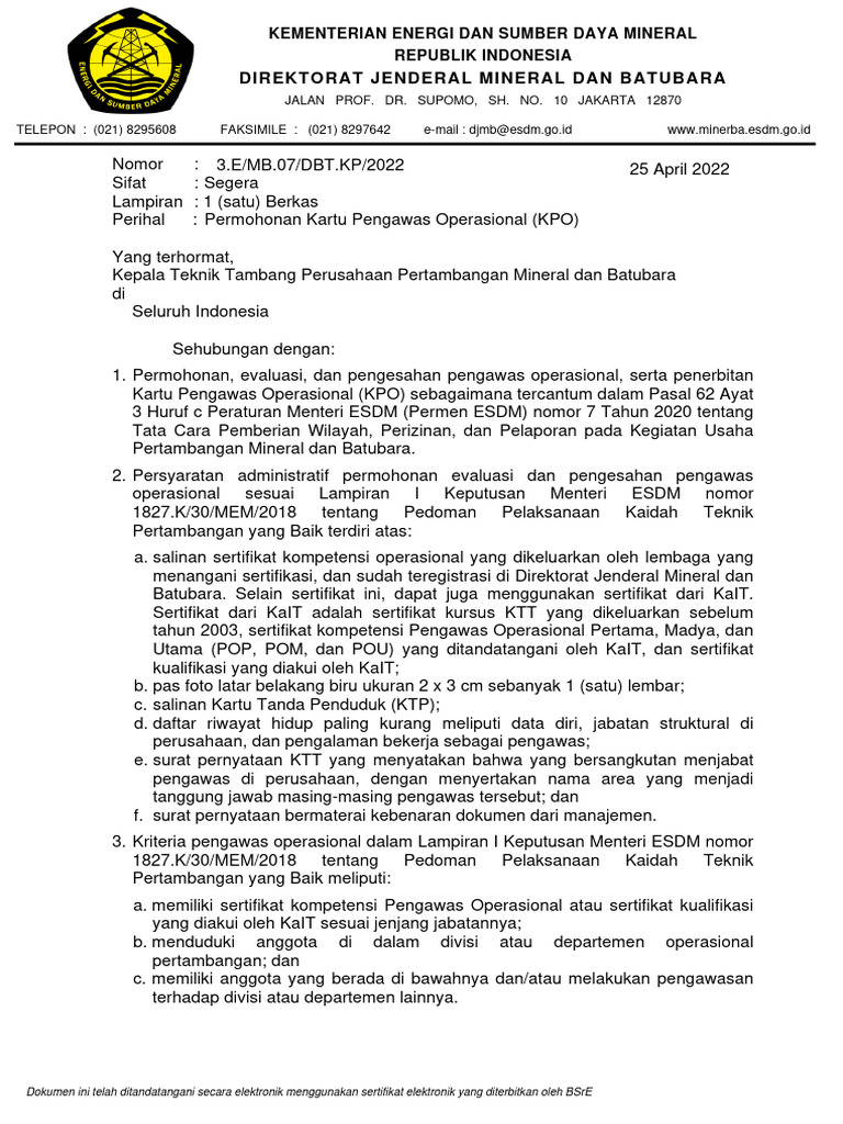 SE KAIT No 3E TH 2022 - Perihal Permohonan KPO | PDF