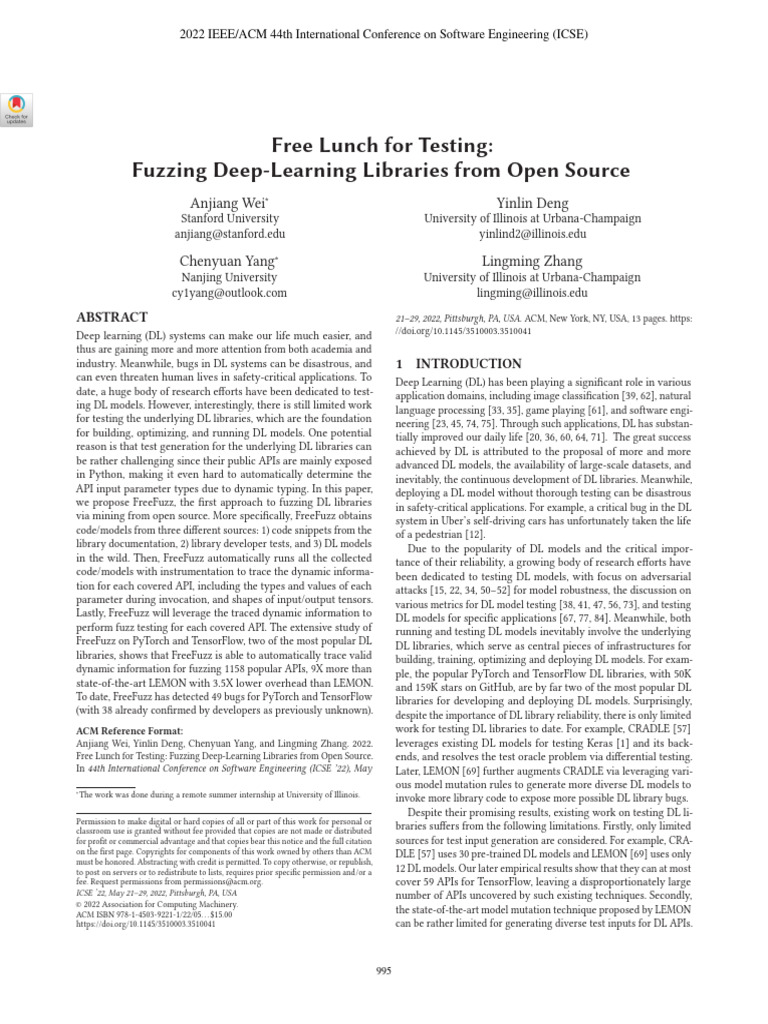 Free Lunch For Testing Fuzzing Deep Learning Libraries From Open Source Download Free Pdf