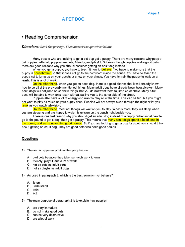 A Pet Dog - Comprehension Worksheet | PDF