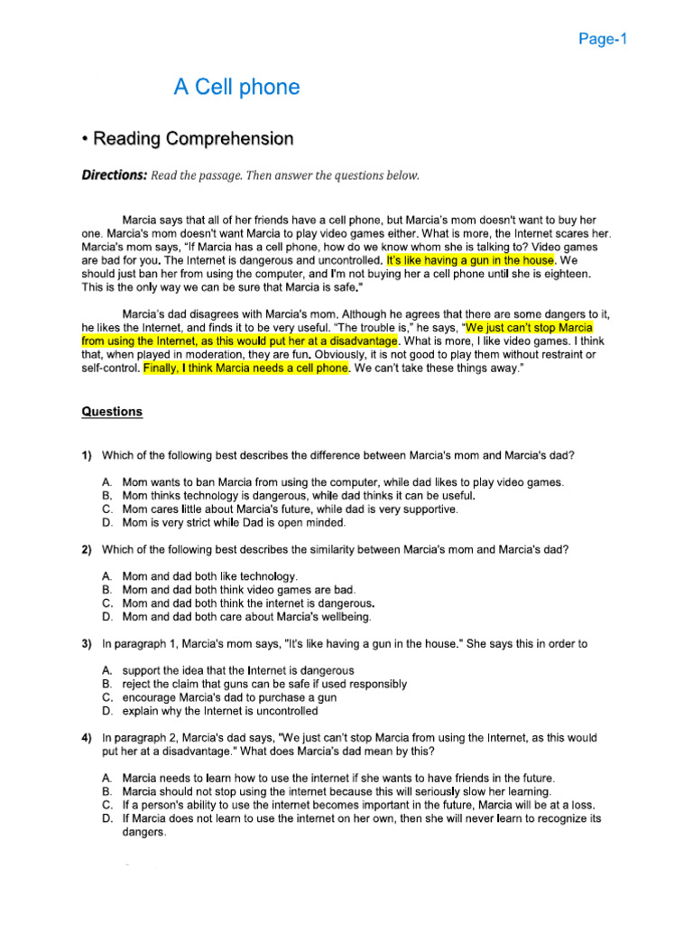 A Cell Phone - Comprehension Worksheet | PDF