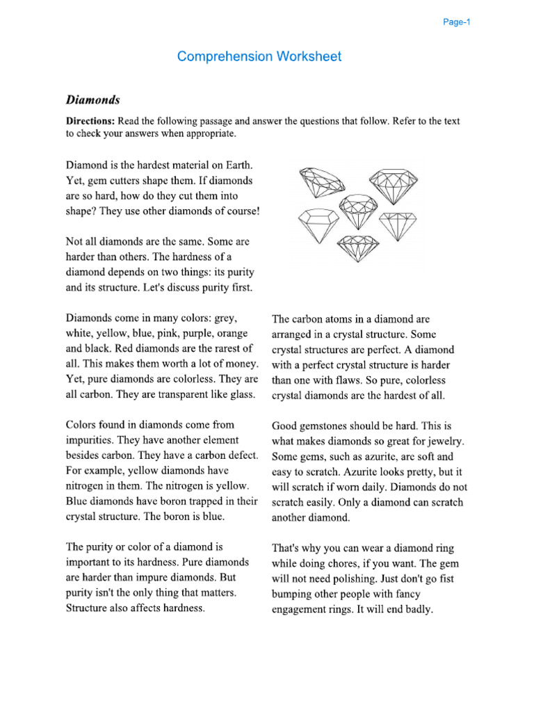 Diamonds - Comprehension Worksheet | PDF