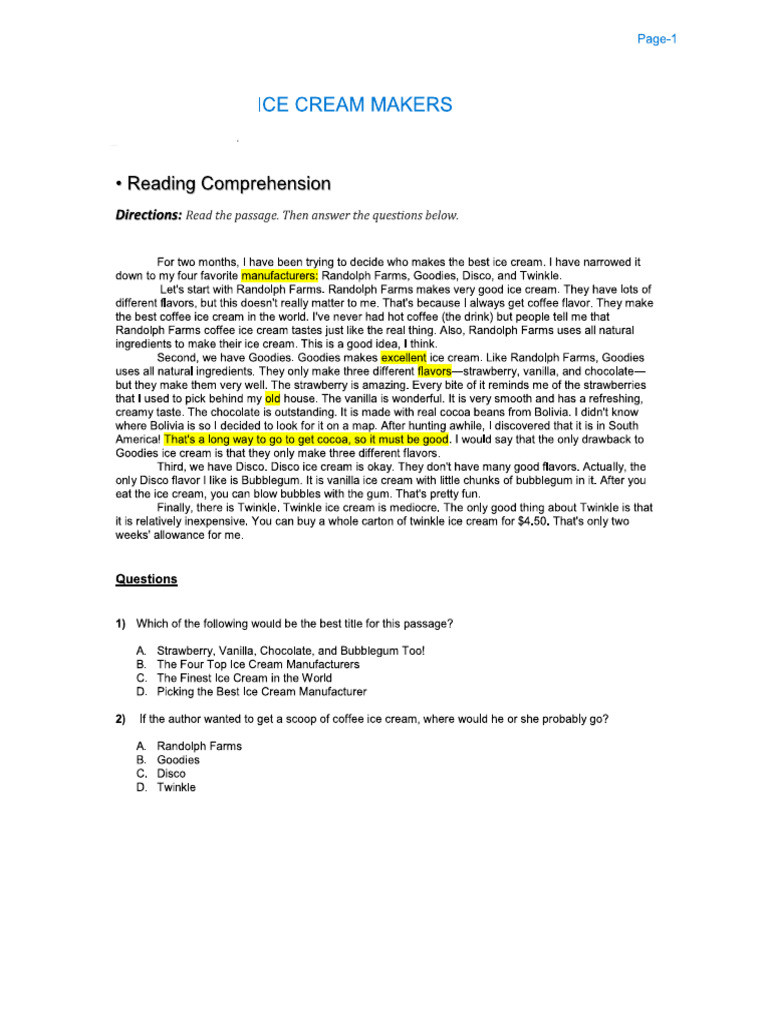 Ice Cream Makers - Comprehension | PDF