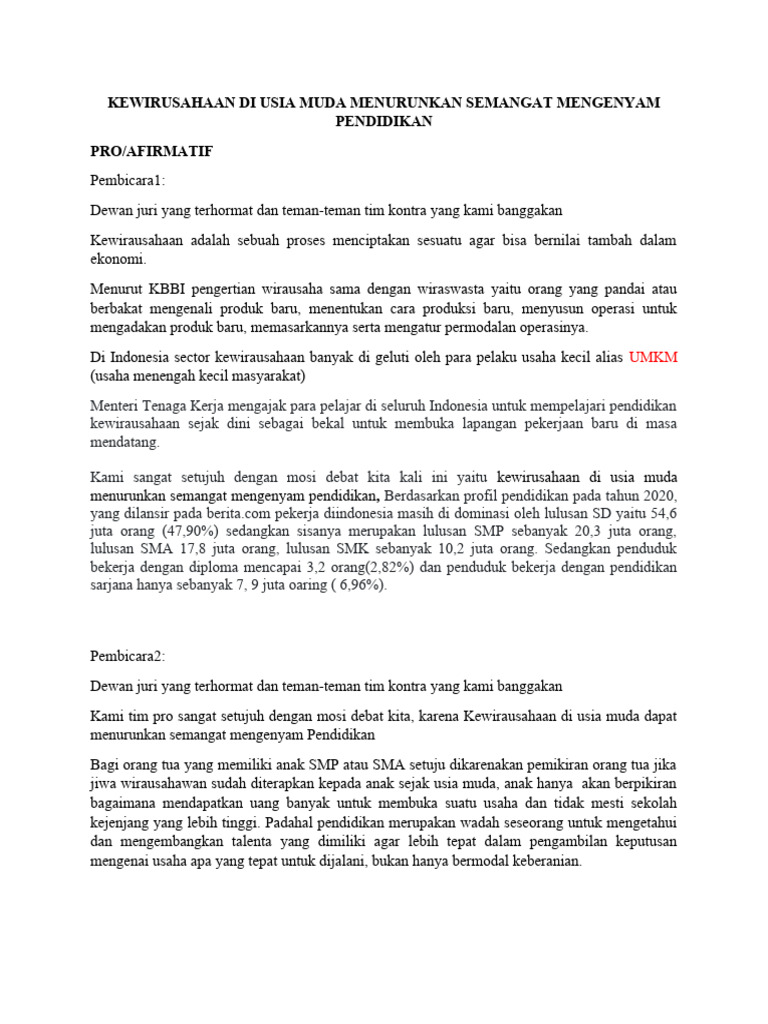 Kewirausahaan Muda: Pro vs Kontra Pendidikan | PDF