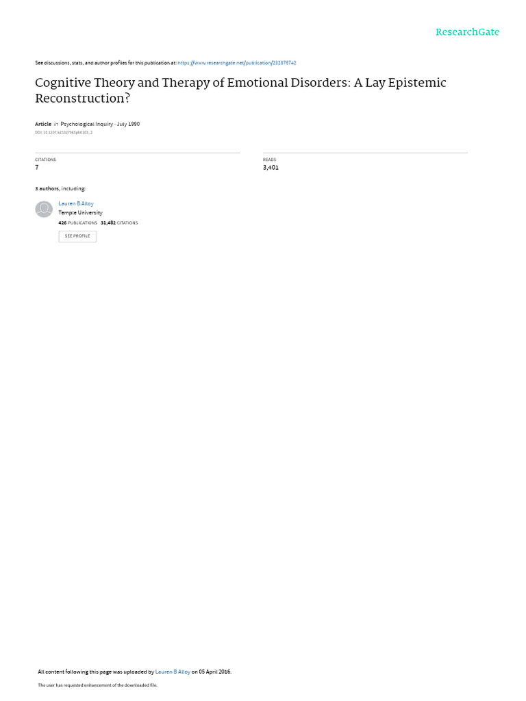 Cognitive Theory and Therapy of Emotional Disorders: A Lay Epistemic ...