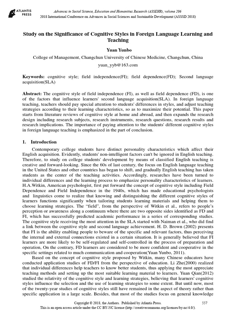 Study On The Significance of Cognitive Styles in Foreign Language Learning and Teaching | PDF ...