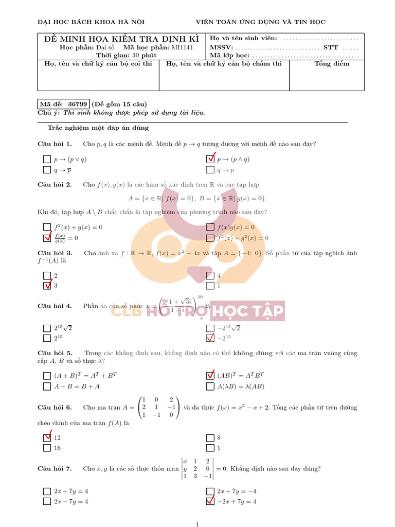 Giải đề minh họa môn Đại số kỳ 2023.1 CLB Hỗ trợ Học tập | PDF