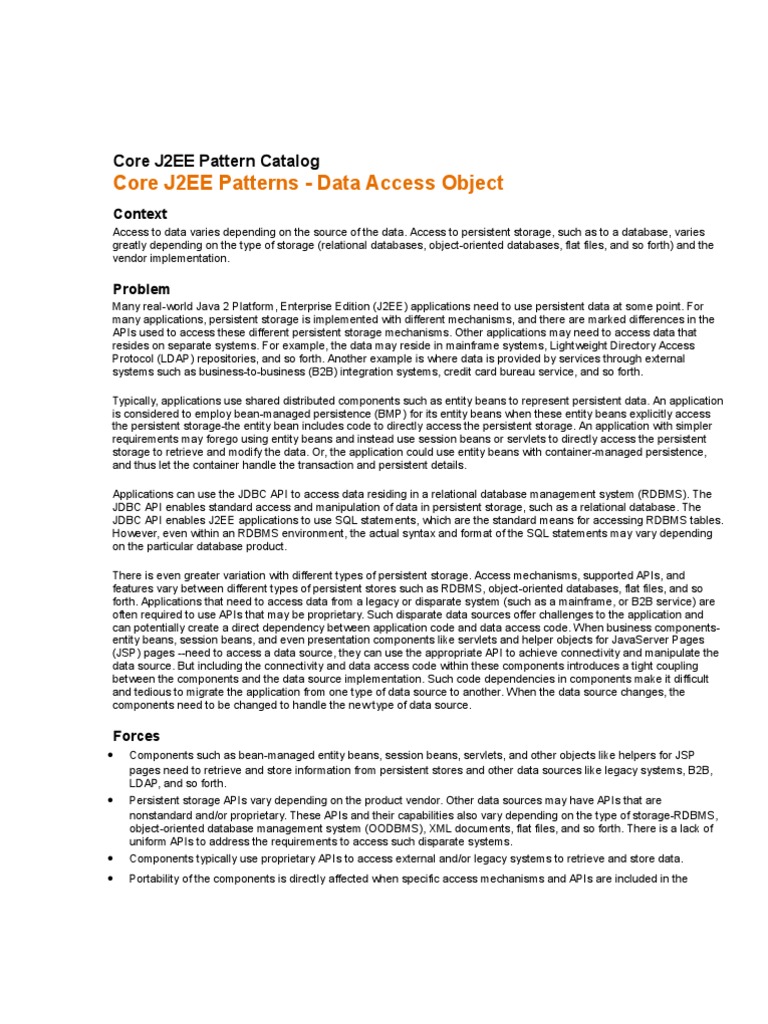Core J2EE Patterns - Data Access Object | PDF | Enterprise Java Beans | Class (Computer Programming)