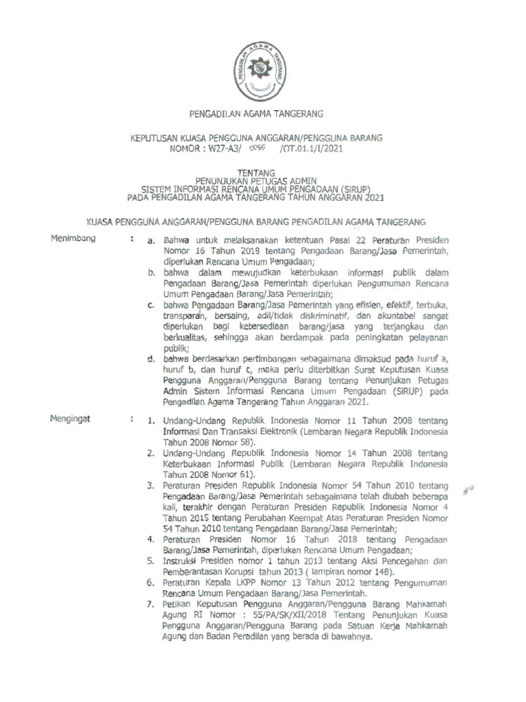 SK PENUNJUKAN PETUGAS ADMIN (SiRUP) 2021 | PDF