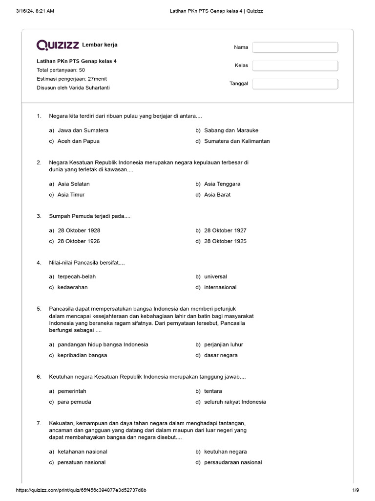 Latihan PKN PTS Genap Kelas 4 - Quizizz | PDF | Perjalanan