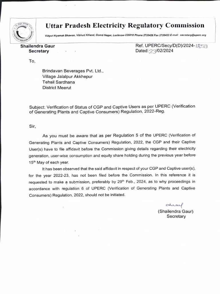 Govt. Electricity Lko UPERC Letter | PDF