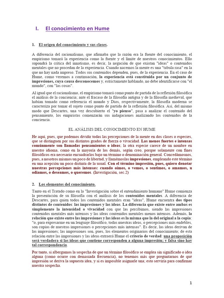Hume - Conocimiento y Críticas | PDF | Teoría de sustancias | Causalidad
