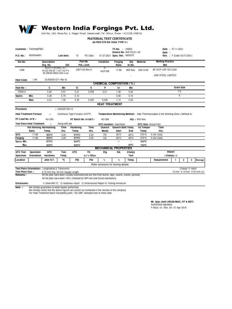 Material Test Certificate: Technipfmc | PDF | Heat Treating ...