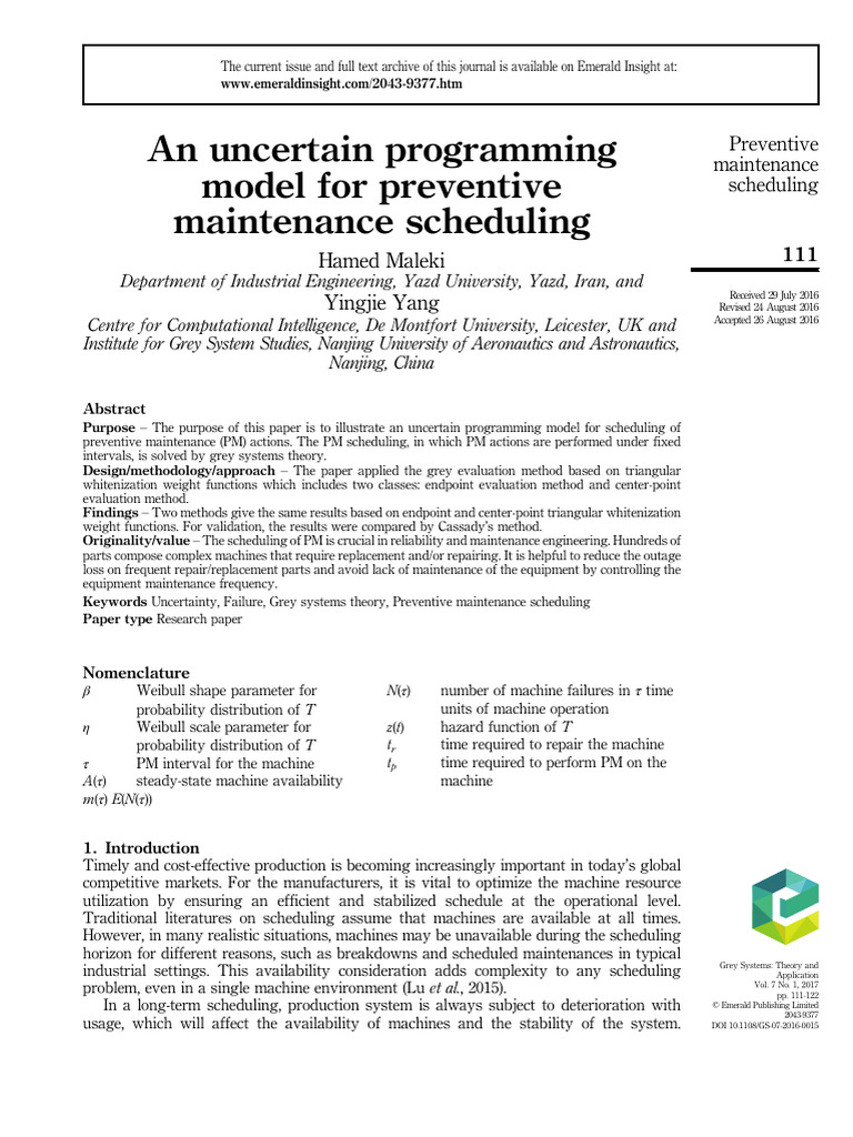 An Uncertain Programming Model For Preventive Maintenance Scheduling | PDF | Mathematical ...