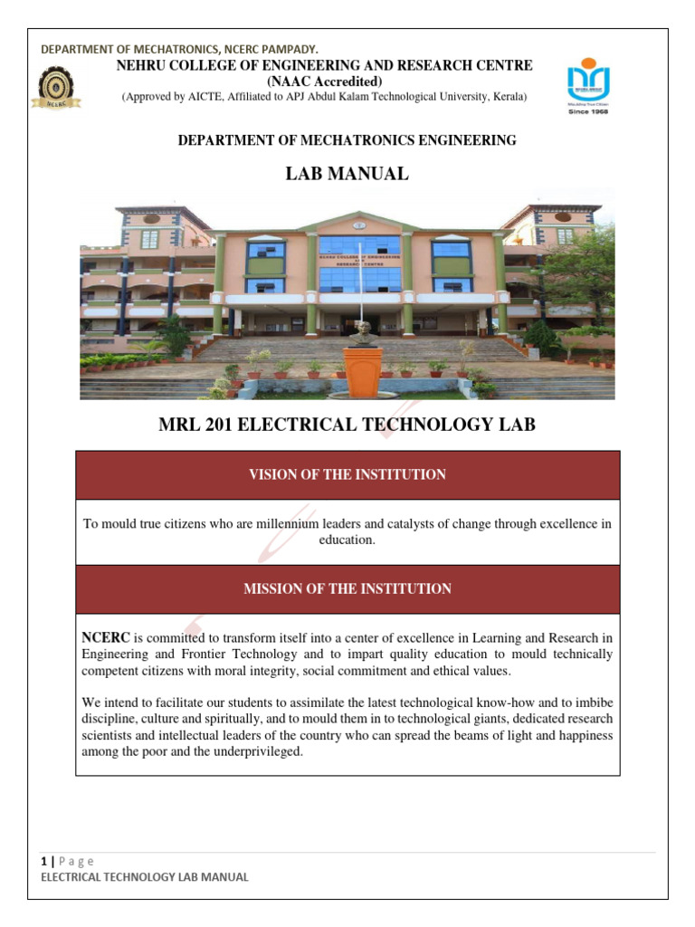 MRL 201 Electrical Technology Lab Manual | PDF | Electric Motor | Engineering