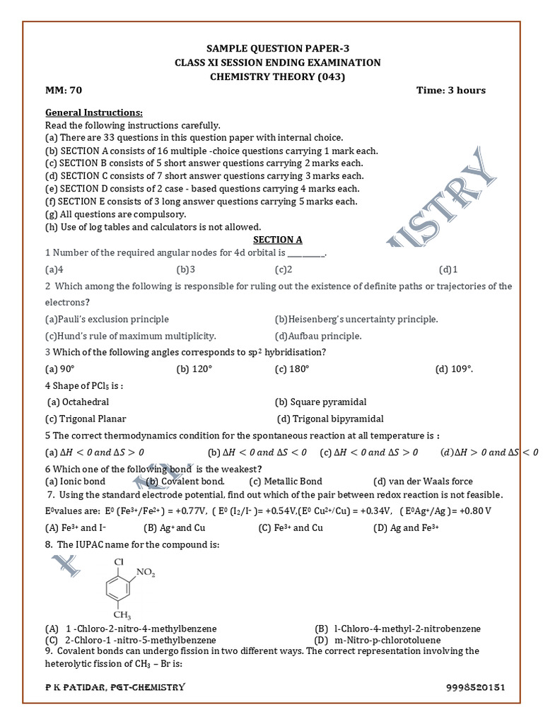 QP 4 Xi Chem Paper 4 | PDF | Chemistry | Quantum Mechanics
