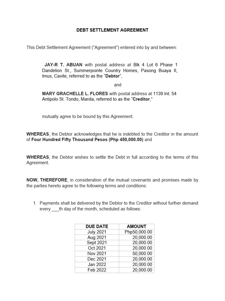 Debt Settlement Agreement | PDF | Debtor | Debt