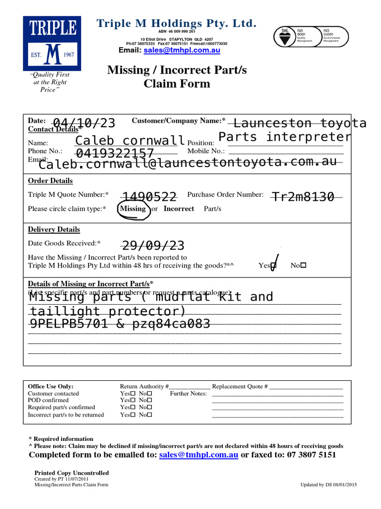 Missing Parts Claim Form - Triple M Holdings | PDF | Business | Finance ...